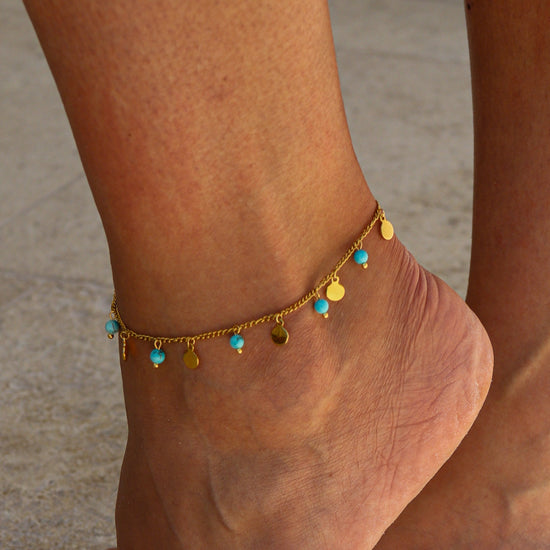 Sam | Gold Plated Turquoise Tassel Anklet